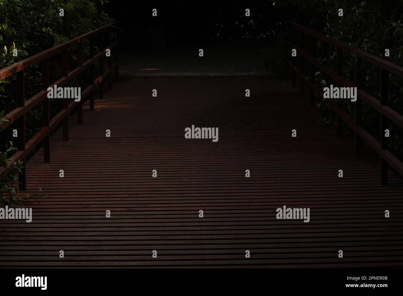 Steel or iron bridge on the garden with sunlight shadow. steel or iron ...