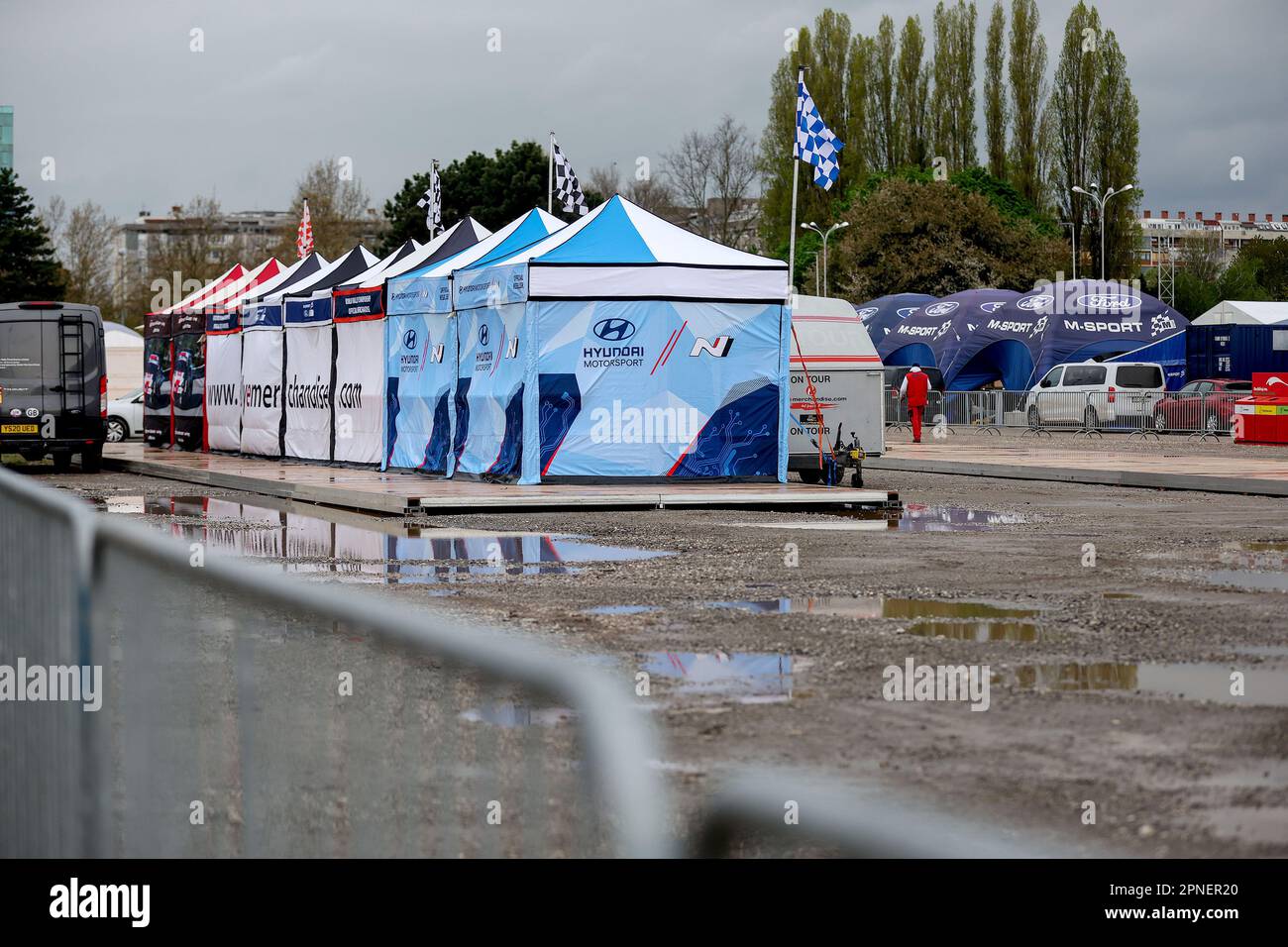Zagreb, Croatia, April 18, 2023. Hyundai World Rally Team service park ...