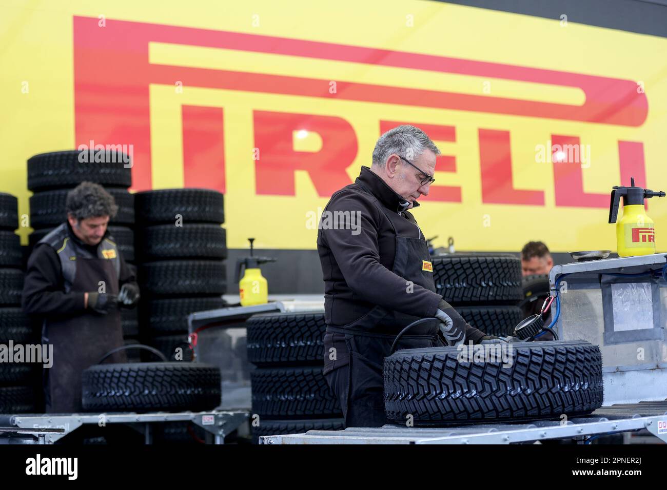 Zagreb, Croatia, April 18, 2023. Pirelli mechanics works at service ...