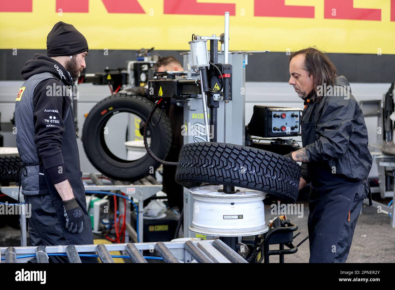 Zagreb, Croatia, April 18, 2023. Pirelli mechanics works at service ...