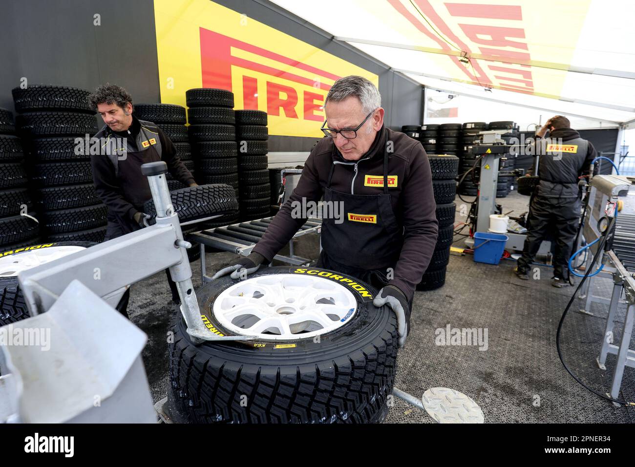 Zagreb, Croatia, April 18, 2023. Pirelli mechanics works at service ...