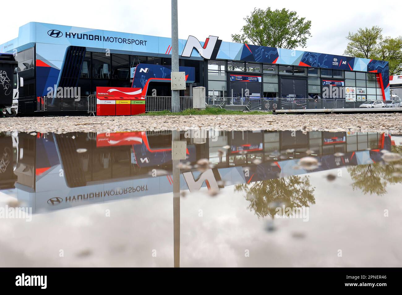 Zagreb, Croatia, April 18, 2023. Hyundai World Rally Team service park ...