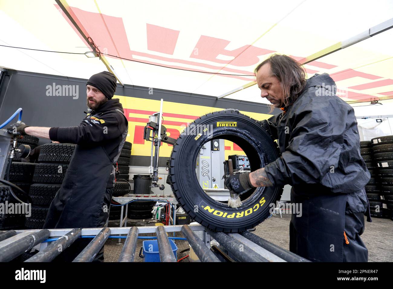 Zagreb, Croatia, April 18, 2023. Pirelli mechanics works at service ...