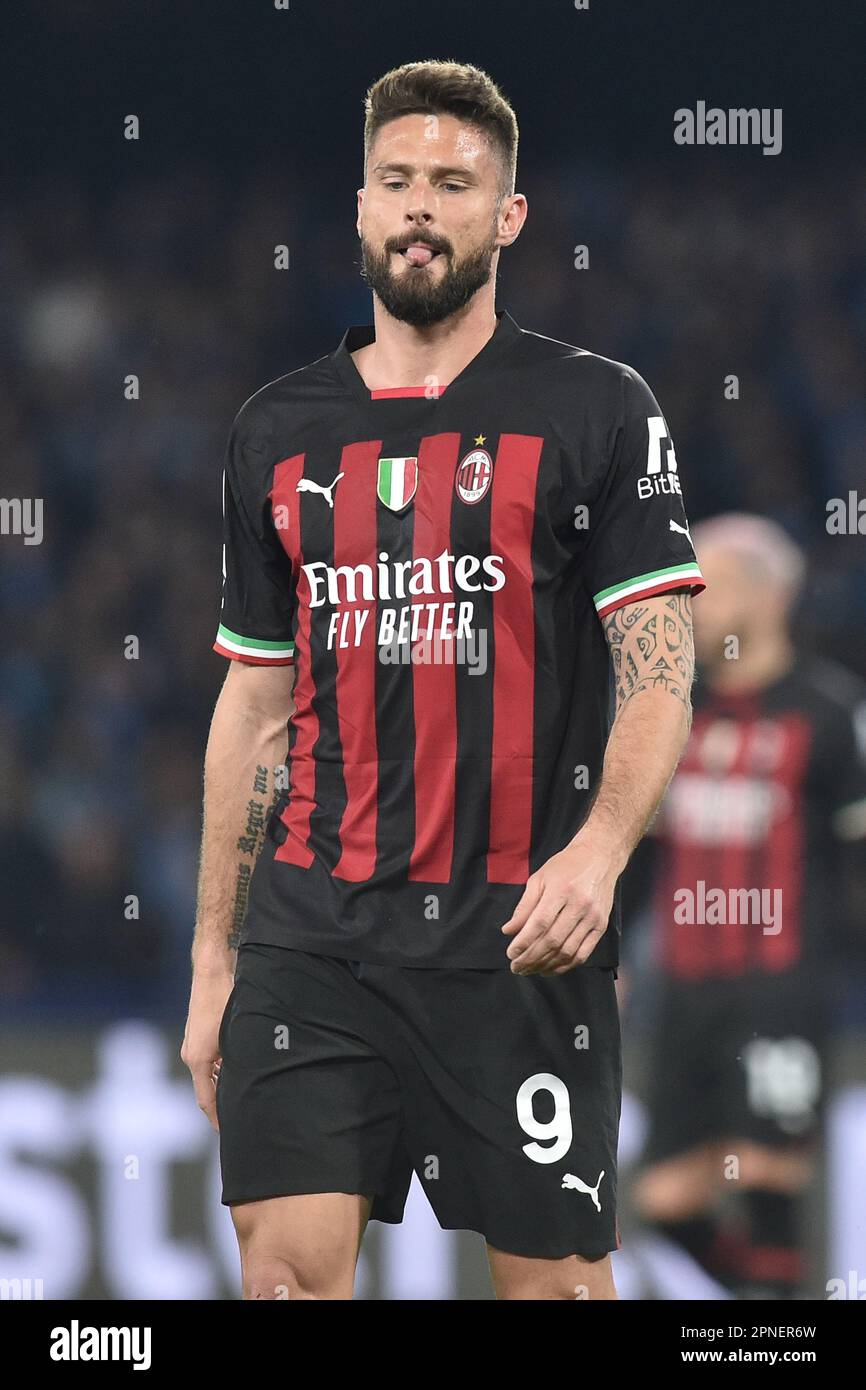 Naples, Italy. 18th Apr, 2023. Olivier Giroud of AC Milan stick out the ...