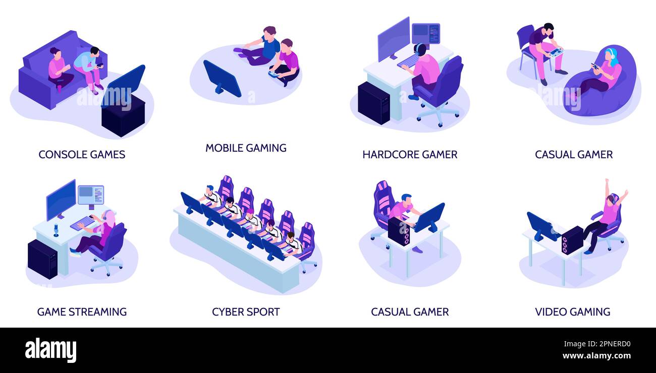 Isometric gamers set of isolated compositions with text captions ...