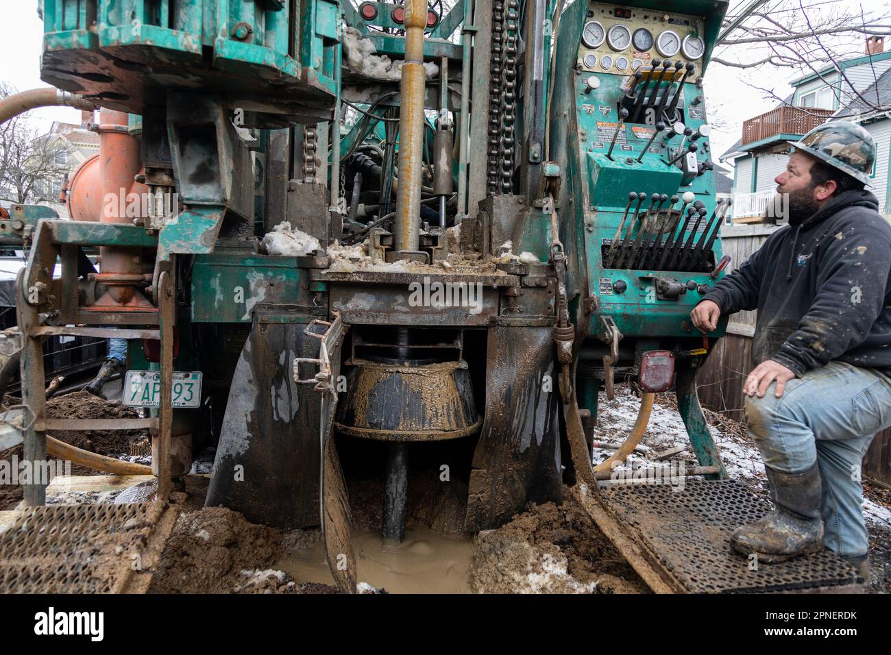 March 15, 2023. Beverly, MA. Installation of a test well to determine ...