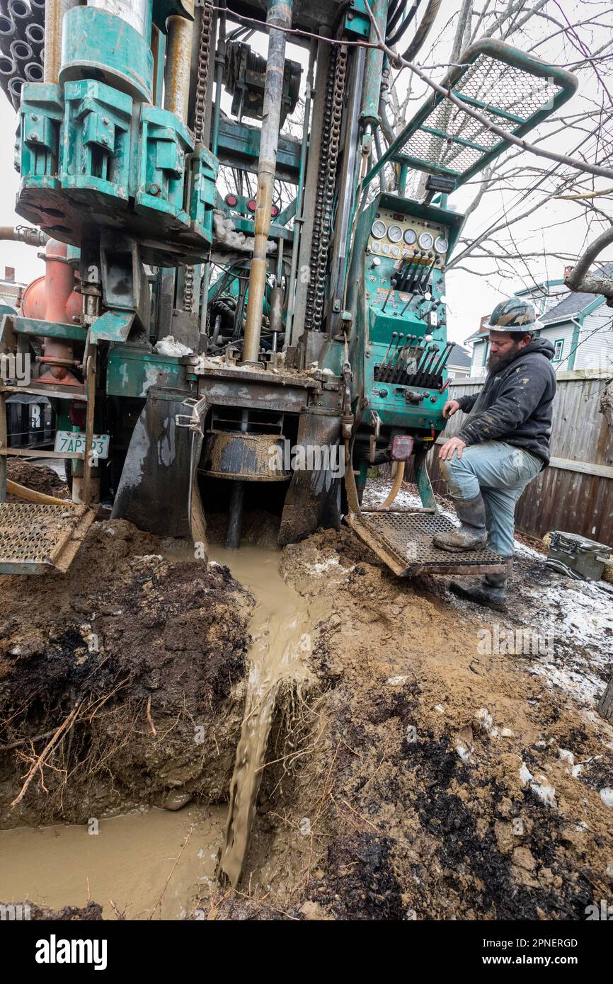 March 15, 2023. Beverly, MA. Installation of a test well to determine ...