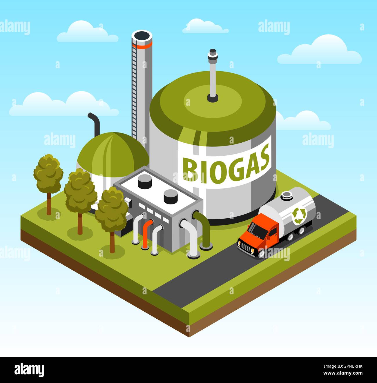 Biogas factory isometric green object at clean blue sky background 3d ...