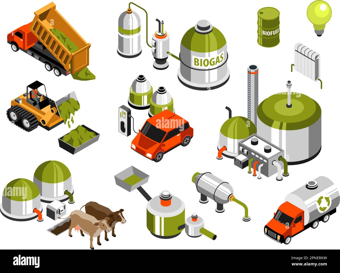 Green energy production isometric icons set demonstrating equipment for ...
