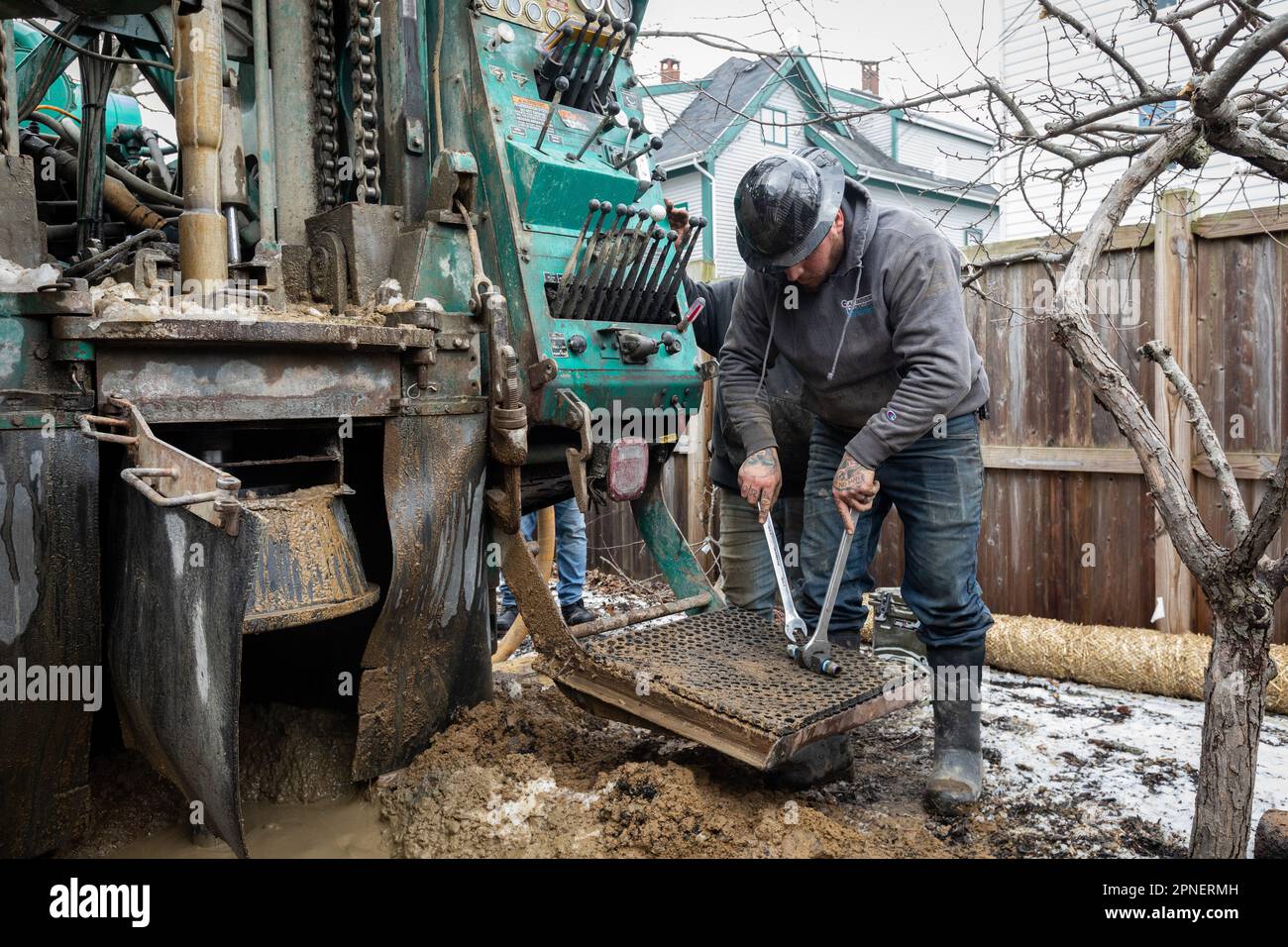 March 15, 2023. Beverly, MA. Installation of a test well to determine ...