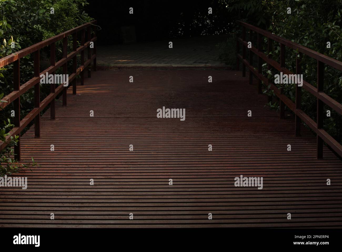 Steel or iron bridge on the garden with sunlight shadow. steel or iron ...