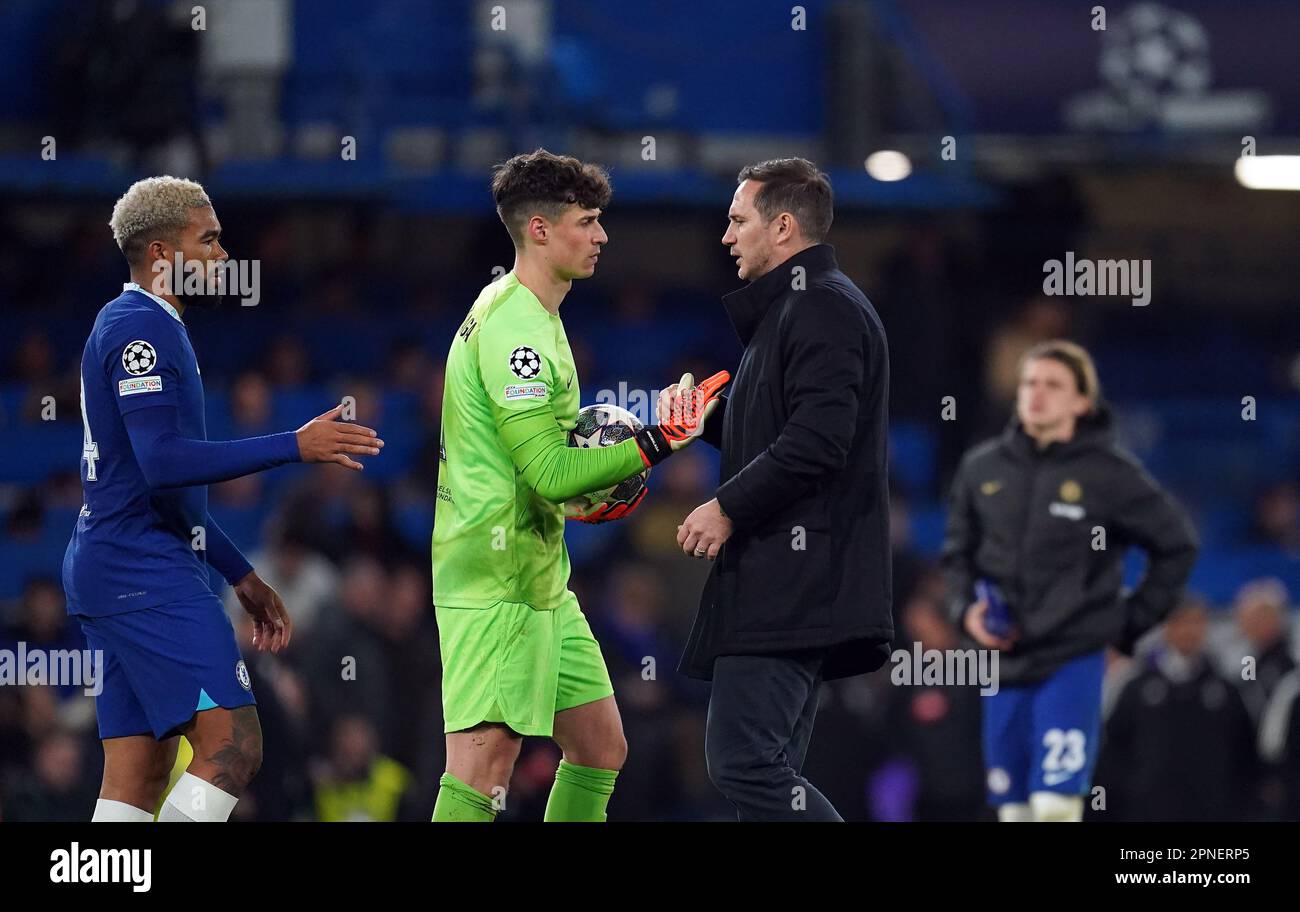 Chelsea manager Frank Lampard and goalkeeper Kepa Arrizabalaga after the UEFA Champions League ...
