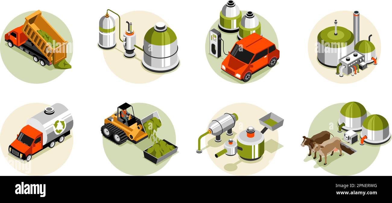 Biogas isometric round compositions depicting raw biomass and livestock ...