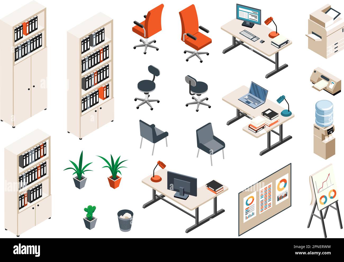 Office interior items isometric set with workstation printer bookcase ...