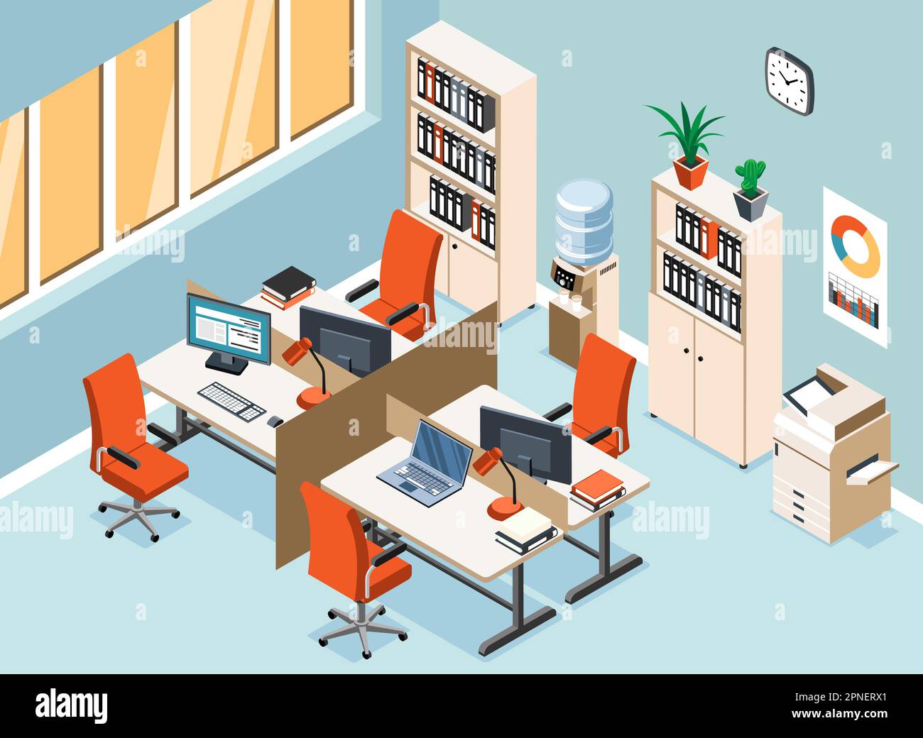 Modern office interior with four workplaces bookcases printer and water ...