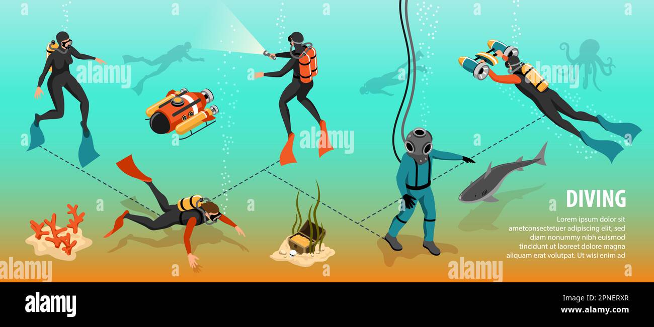 Diving isometric infographics background with scuba divers dipping for ...