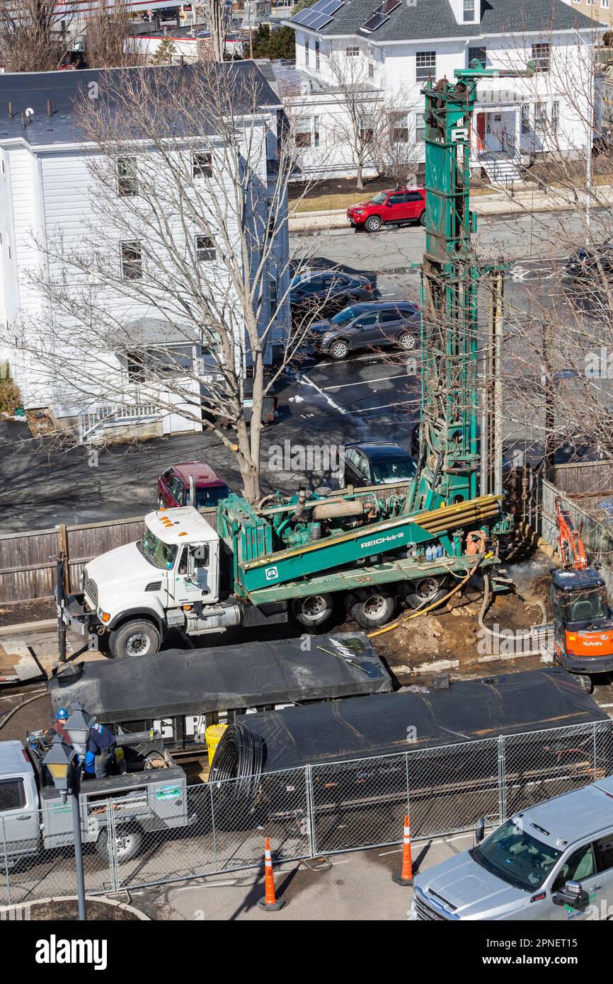 March 15, 2023. Beverly, MA. Installation of a test well to determine ...