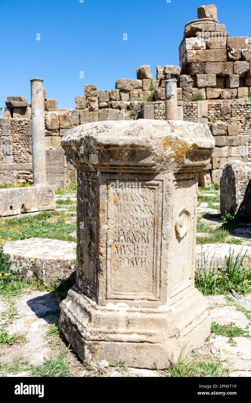 Stone with an inscription in Latin script in the ancient city of Cuicul ...
