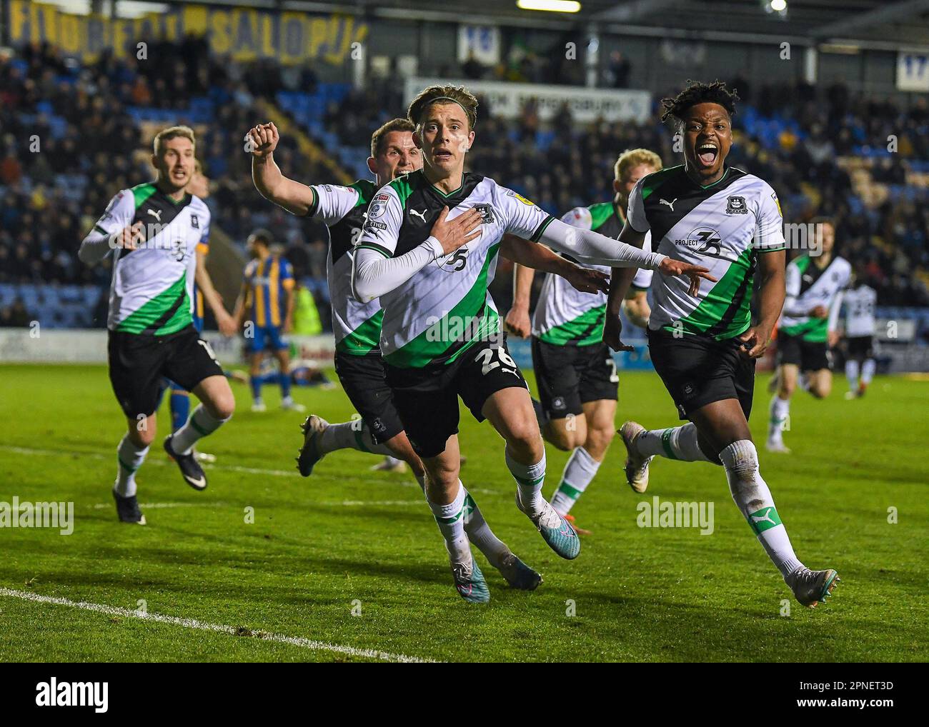 Callum Wright #26 of Plymouth Argyle scores a winning goal in 96th ...