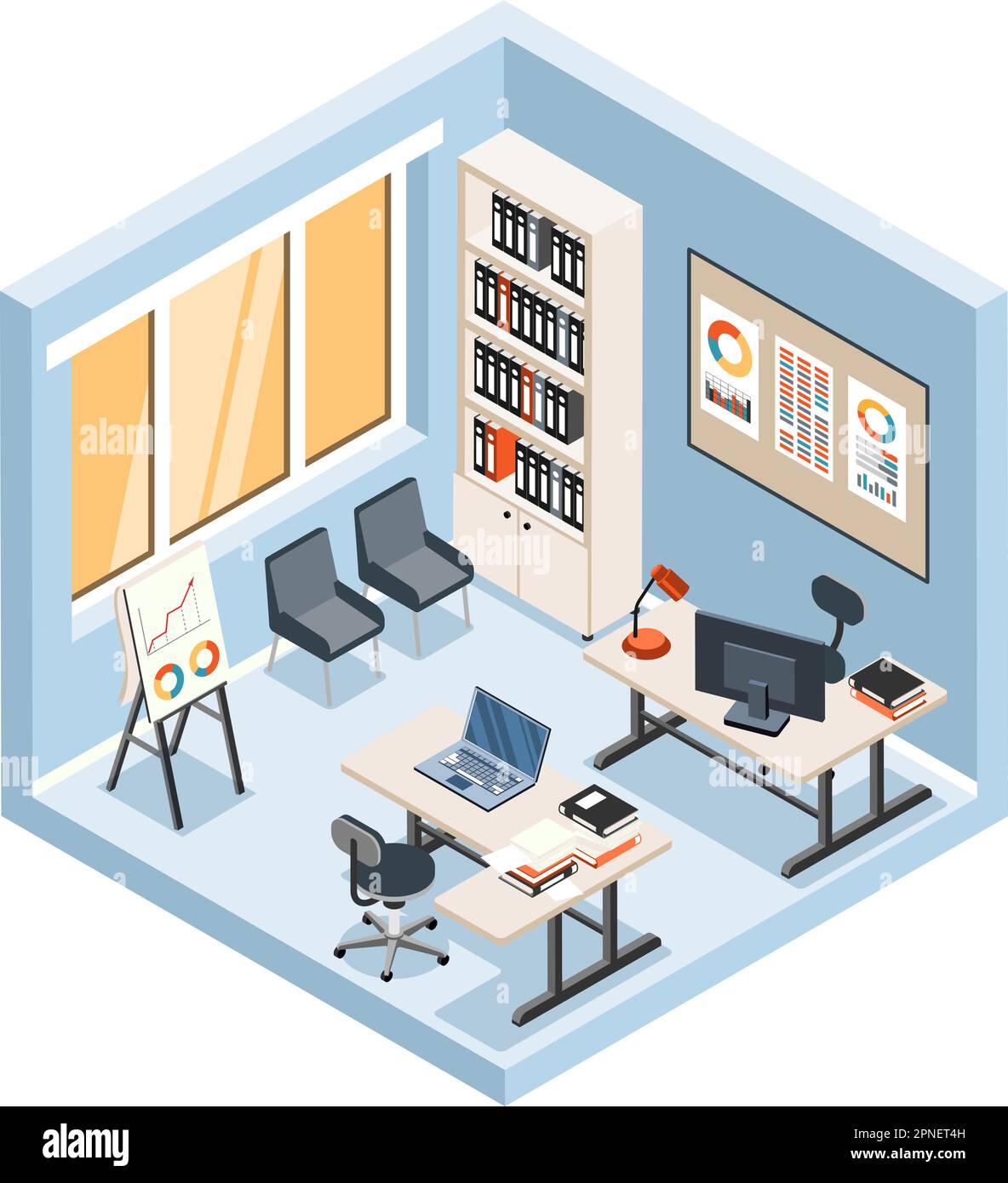 Office room with two workplaces isometric colored object on white ...