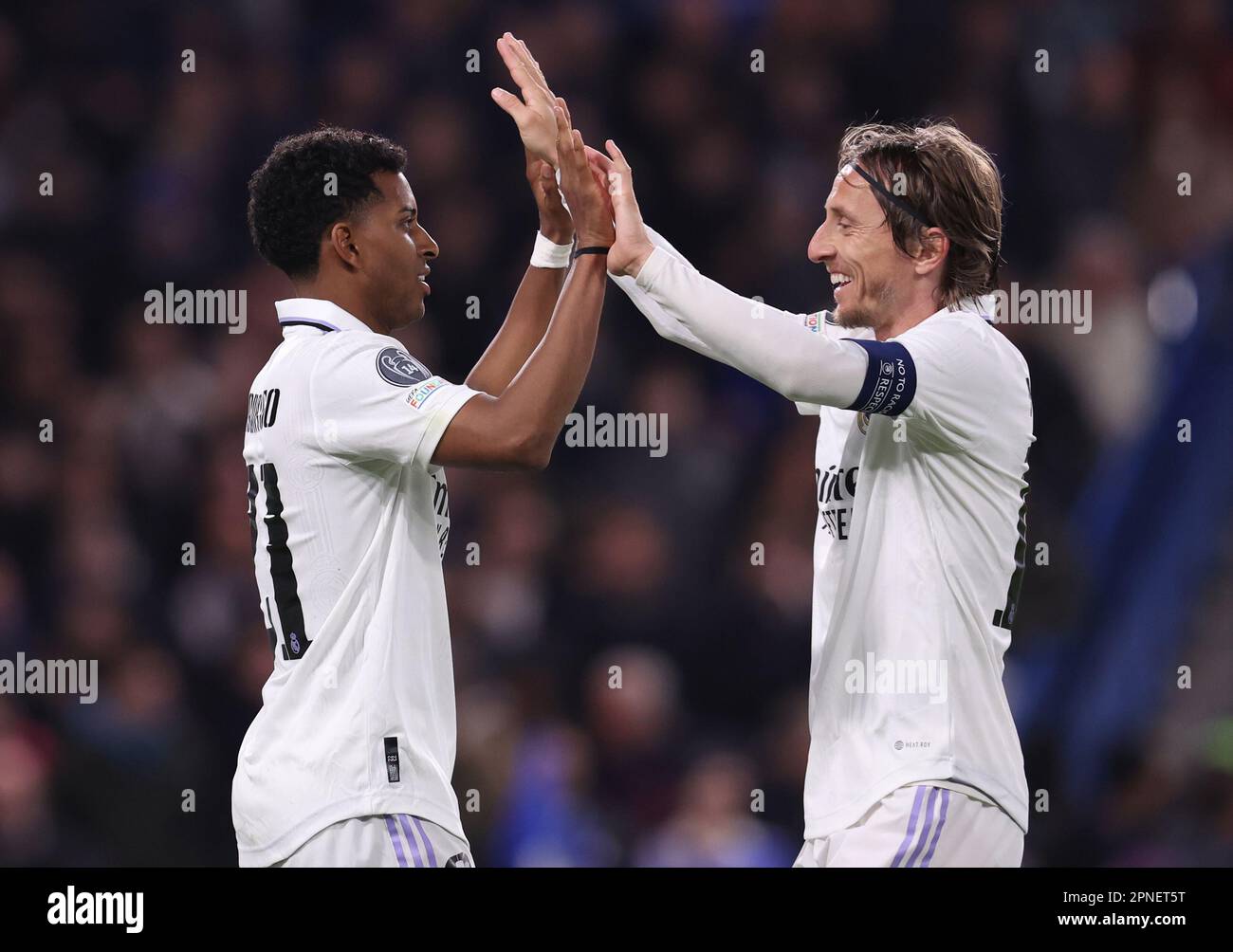 London, UK. 18th Apr, 2023. Rodrygo of Real Madrid celebrates with Luka ...