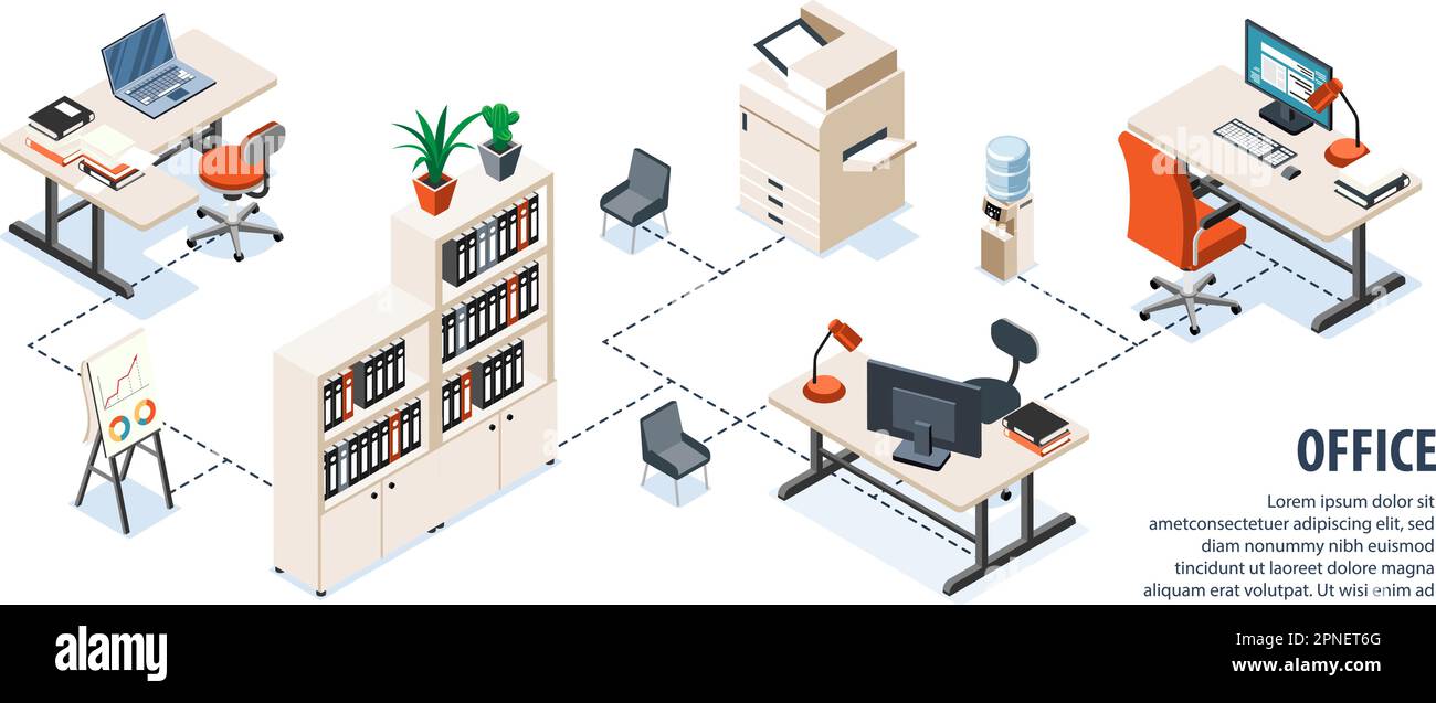 Office interior isometric infographics demonstrating modern ergonomic ...