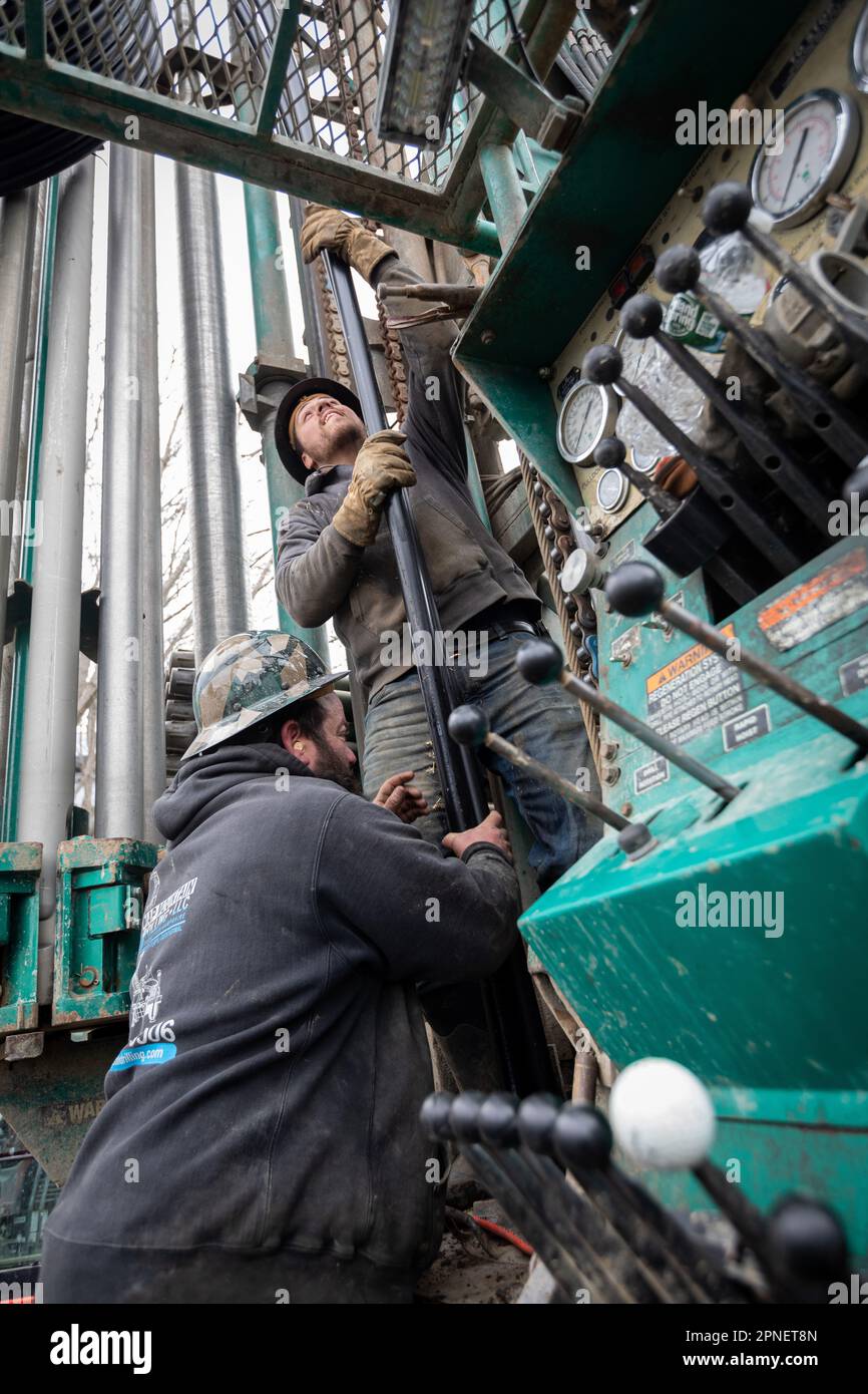 March 15, 2023. Beverly, MA. Installation of a test well to determine ...