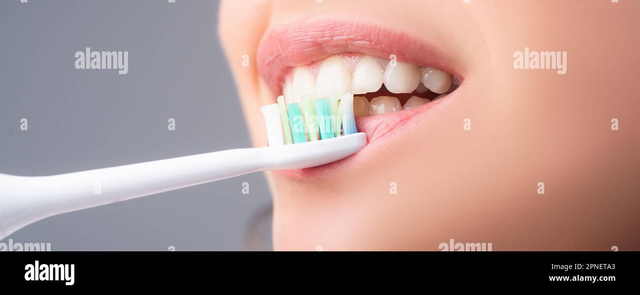 Close-up mouth with teeth-brush. Human teeth. Dental health care clinic ...