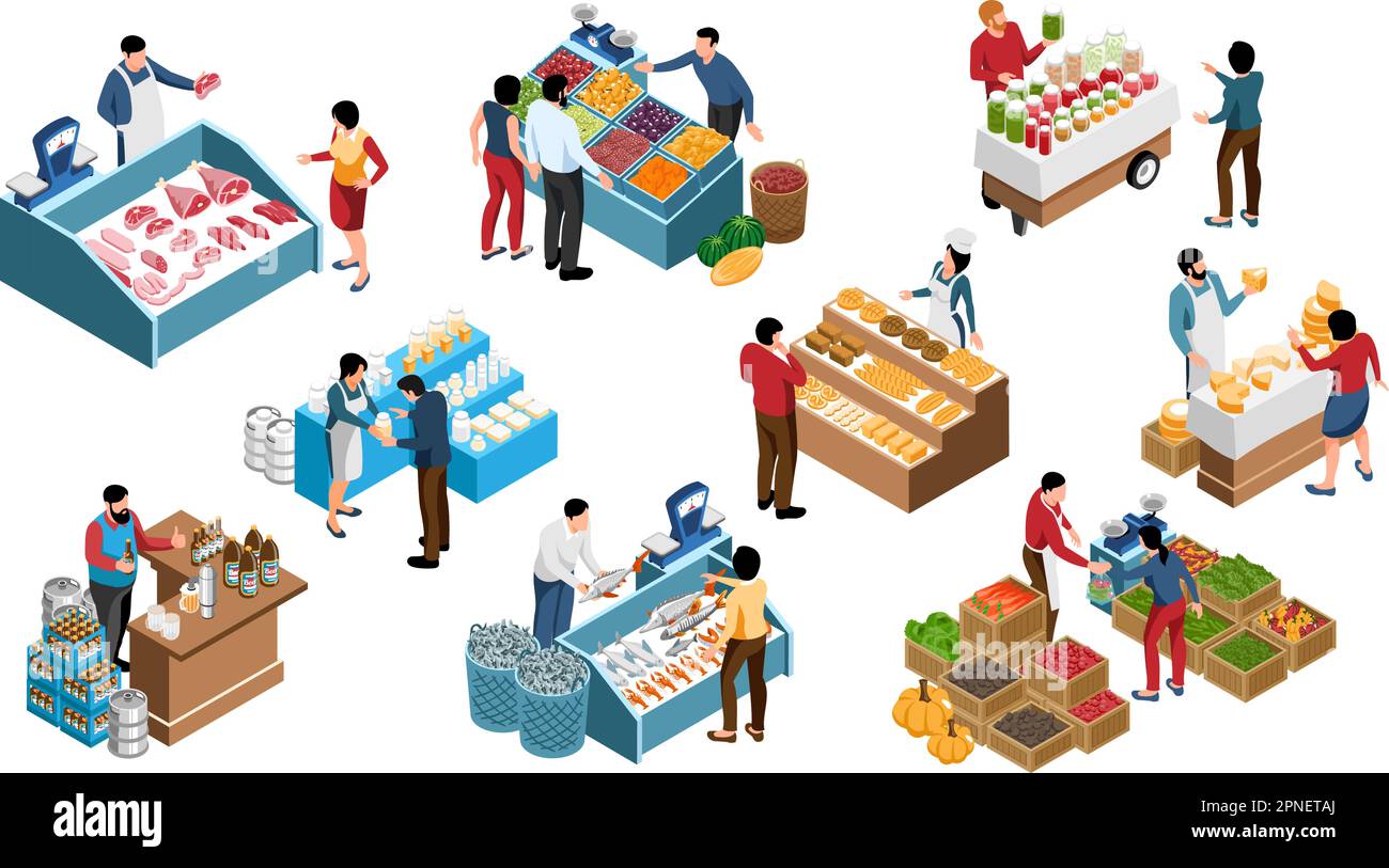 Local farm market isometric set of farmers selling fresh food of own ...