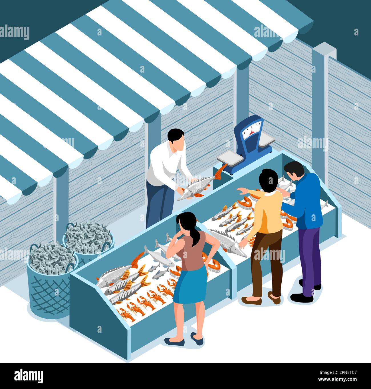 Sea food market isometric background with seller behind counter ...