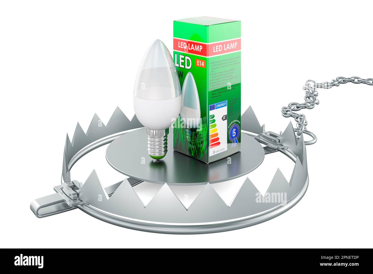 Lightbulb LED lamp inside bear trap, 3D rendering isolated on white ...