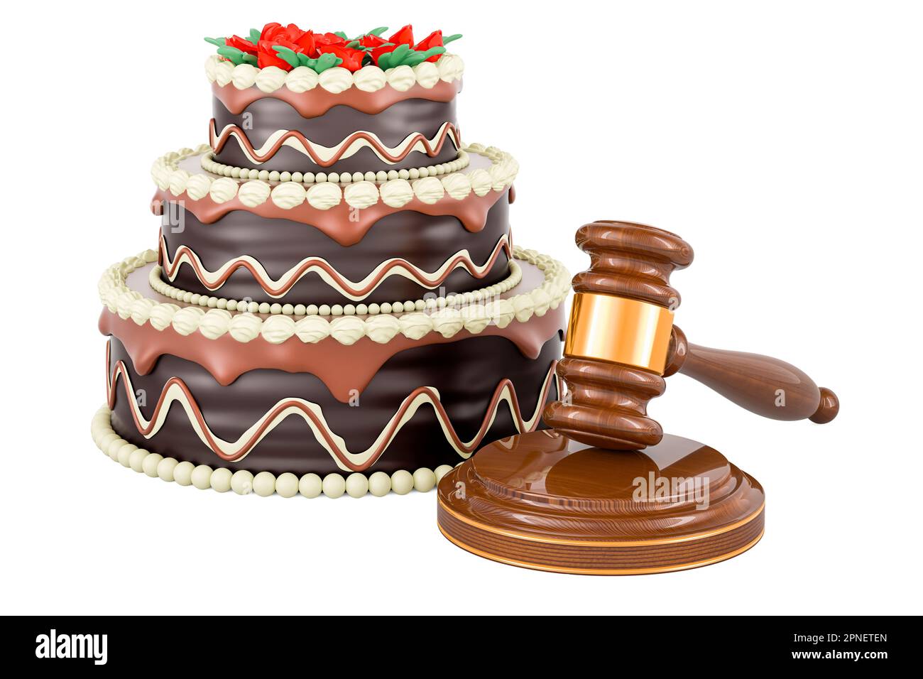 Chocolate Cake with wooden gavel, 3D rendering isolated on white ...