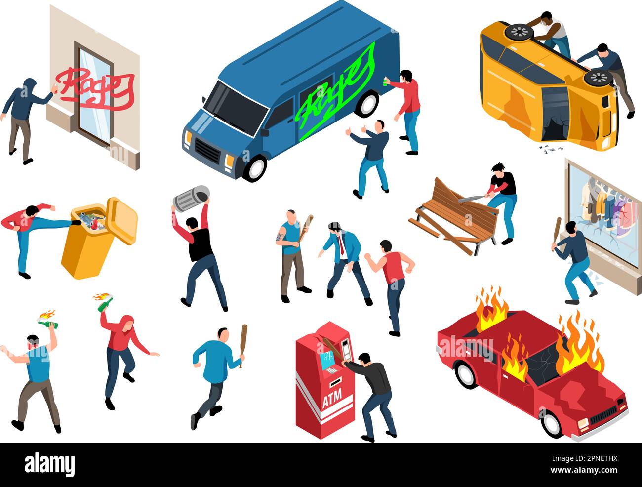 Vandals and hooligans isometric set of aggressive people crushing atm ...