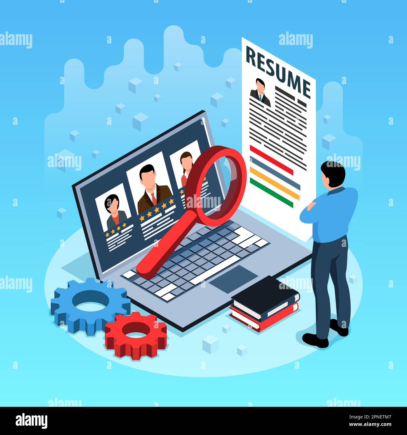 Job vacancy isometric illustration with hr manager looking in laptop ...