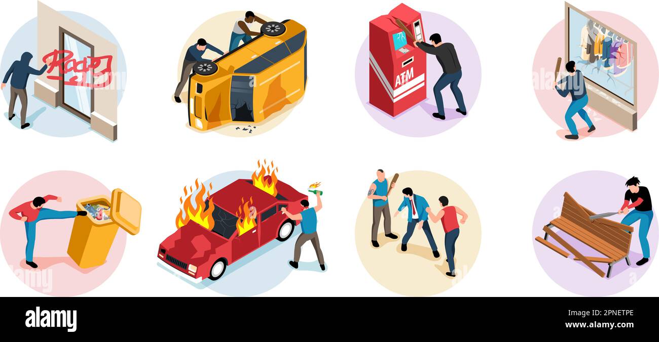 Vandals isometric round compositions with hooligans damaging public ...