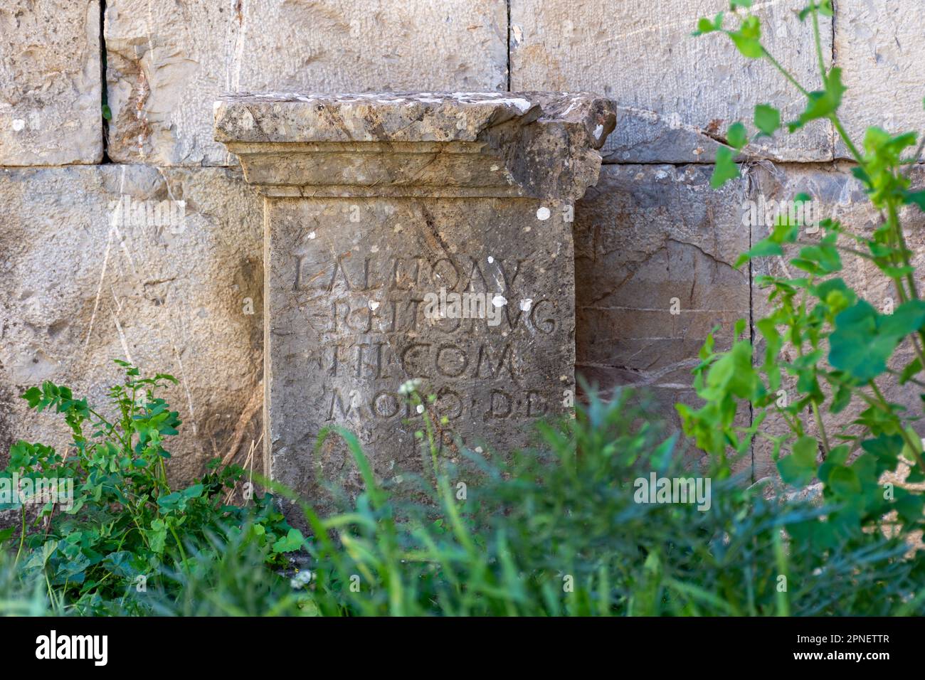 Stone with an inscription in Latin script in the ancient city of Cuicul ...