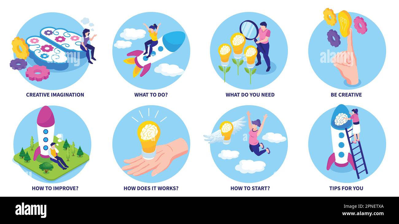 Creative thinking compositions set with imagination symbols isometric ...