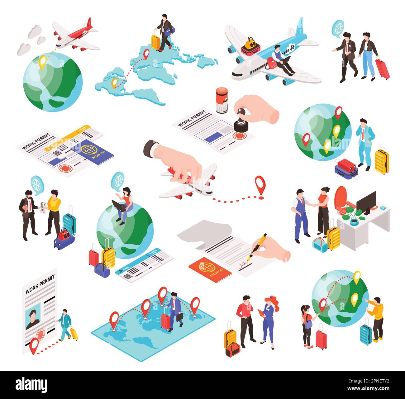Migrant workers set with migration symbols isometric isolated vector illustration Stock Vector ...