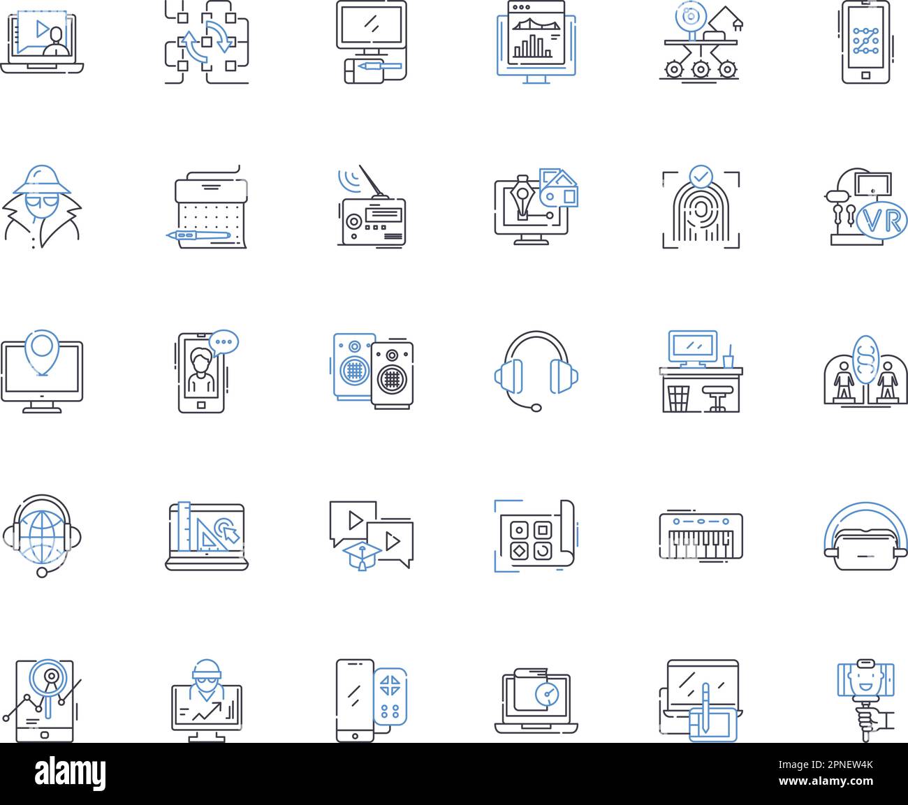 High-tech gadgets line icons collection. Smartph, Tablet, Smartwatch, Laptop, Dr, VR, AR vector ...