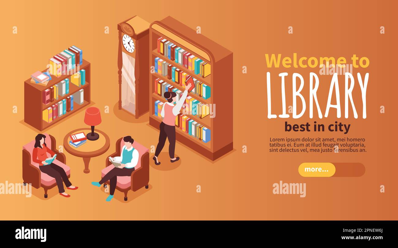 Library horizontal banner with reading symbols isometric vector ...