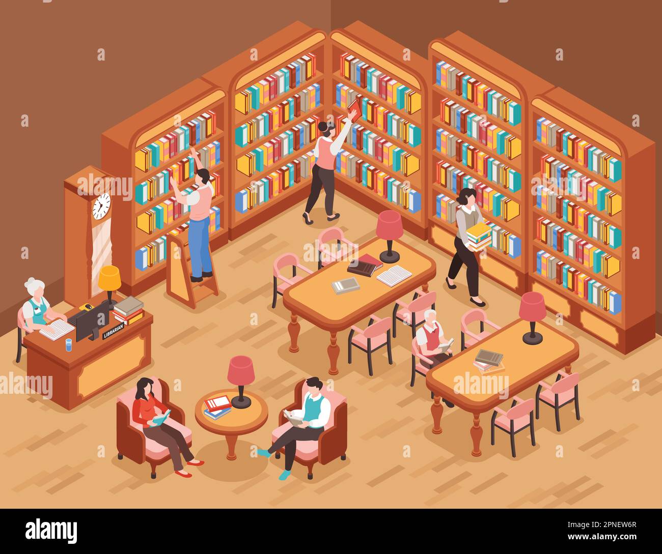 Library background with books and reading symbols isometric vector ...