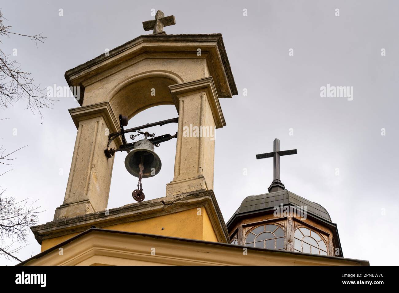 Old church tower and belfry with a cross on top Stock Photo - Alamy