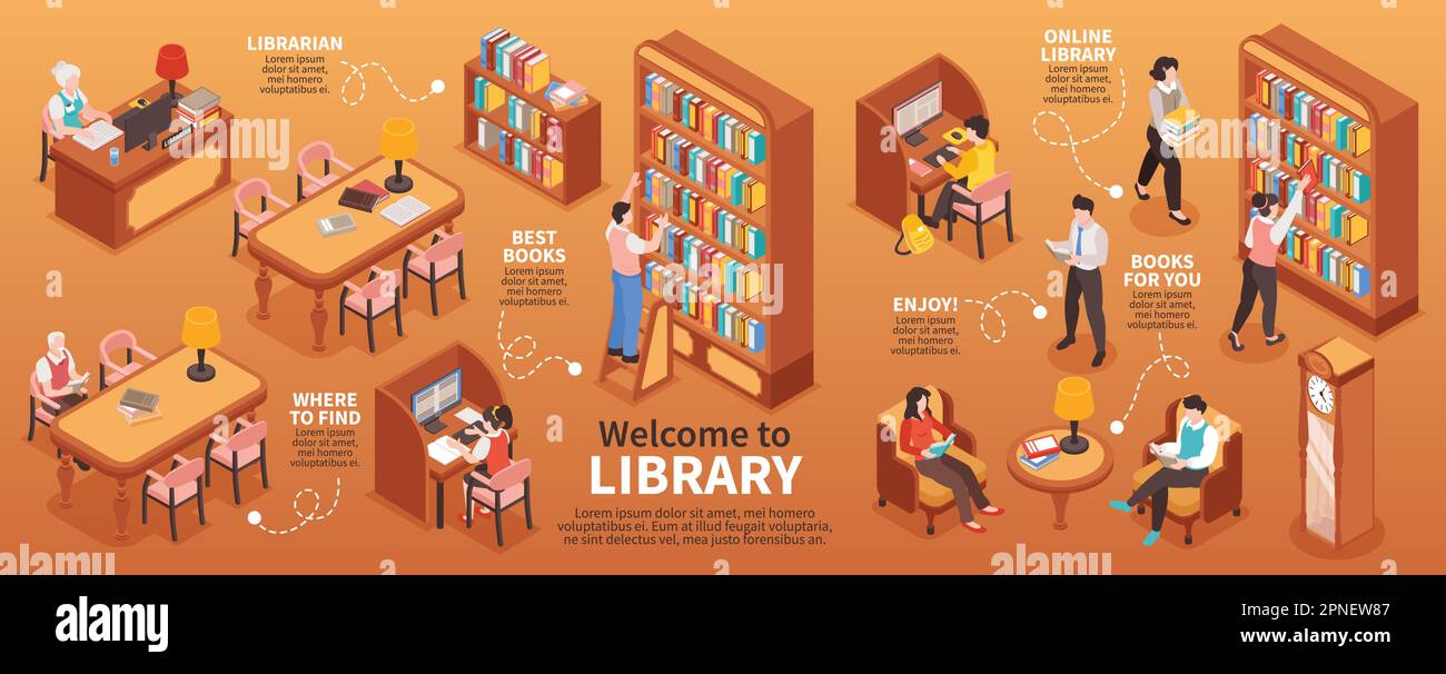 Library infographic with online library symbols isometric vector ...
