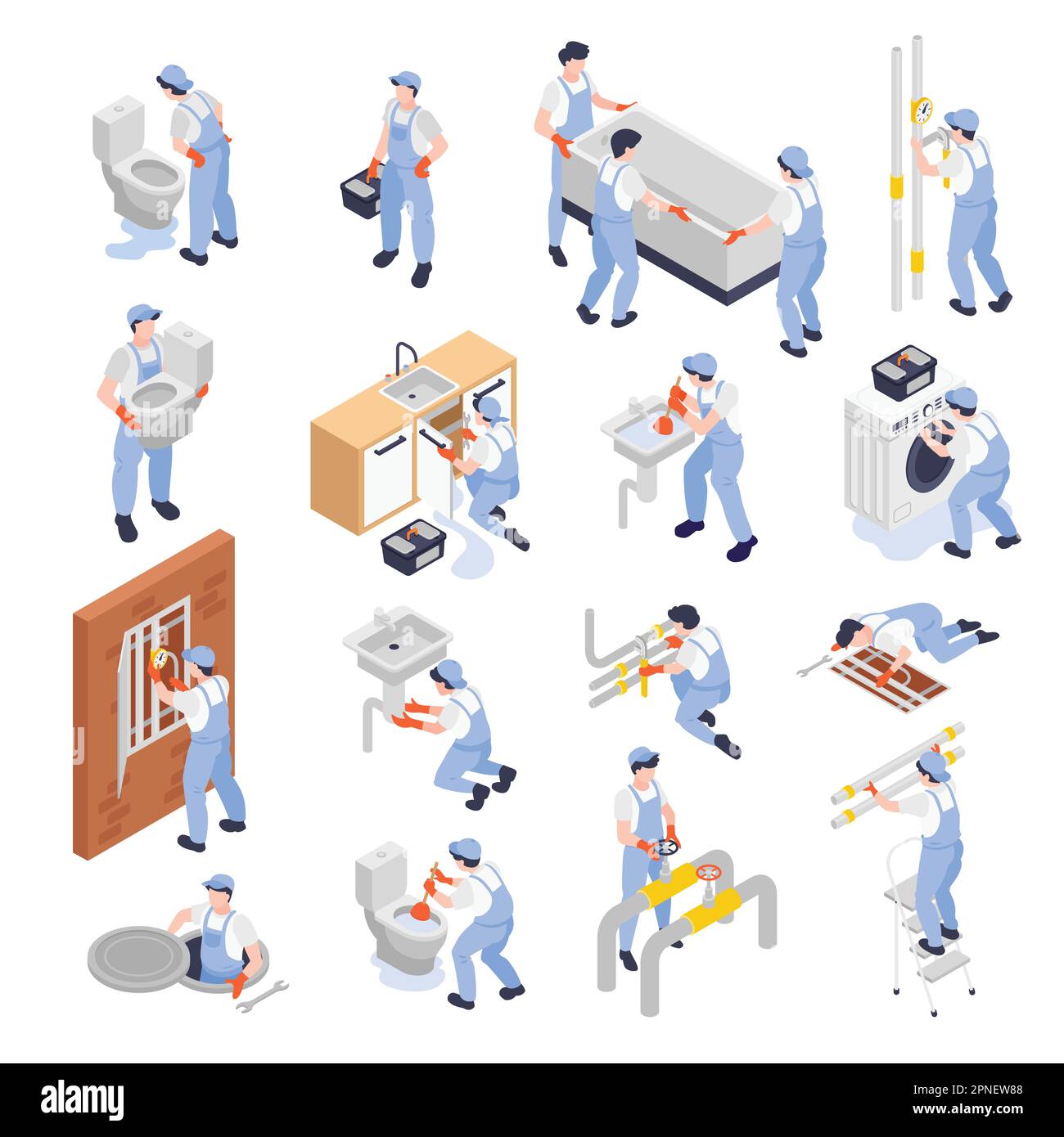 Plumber icons set with work symbols isometric isolated vector ...