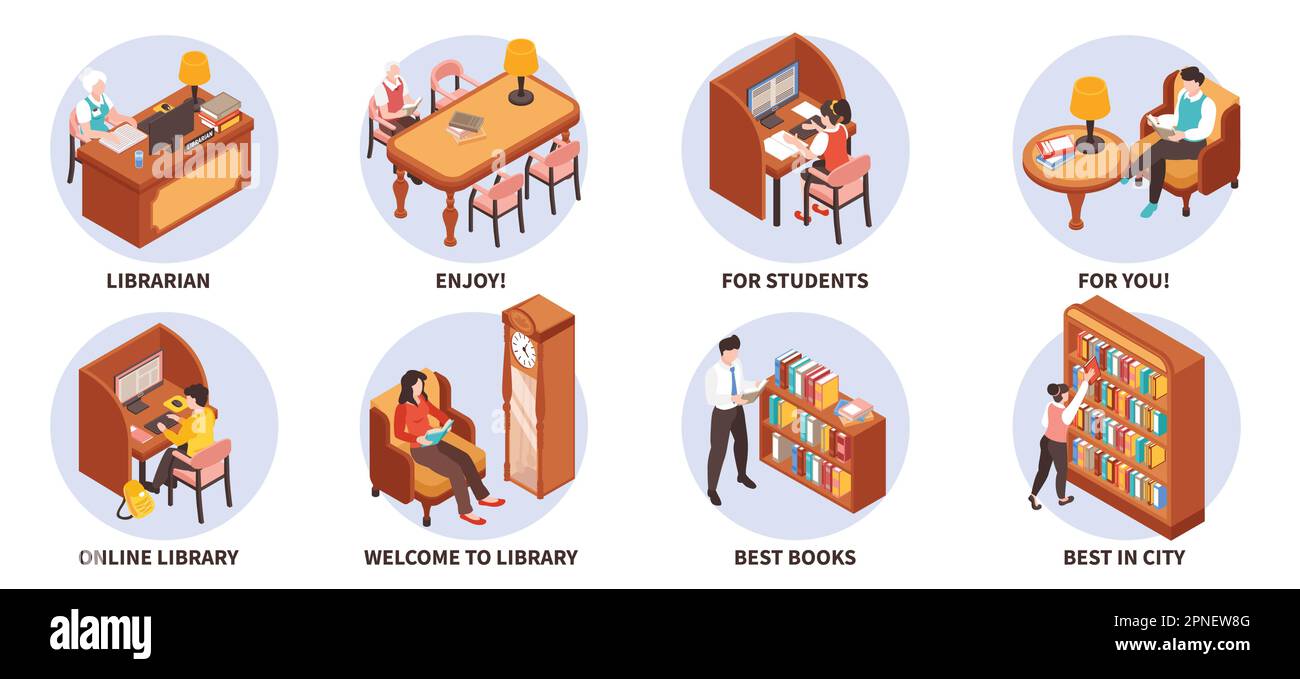 Library round set with best books symbols isometric isolated vector ...