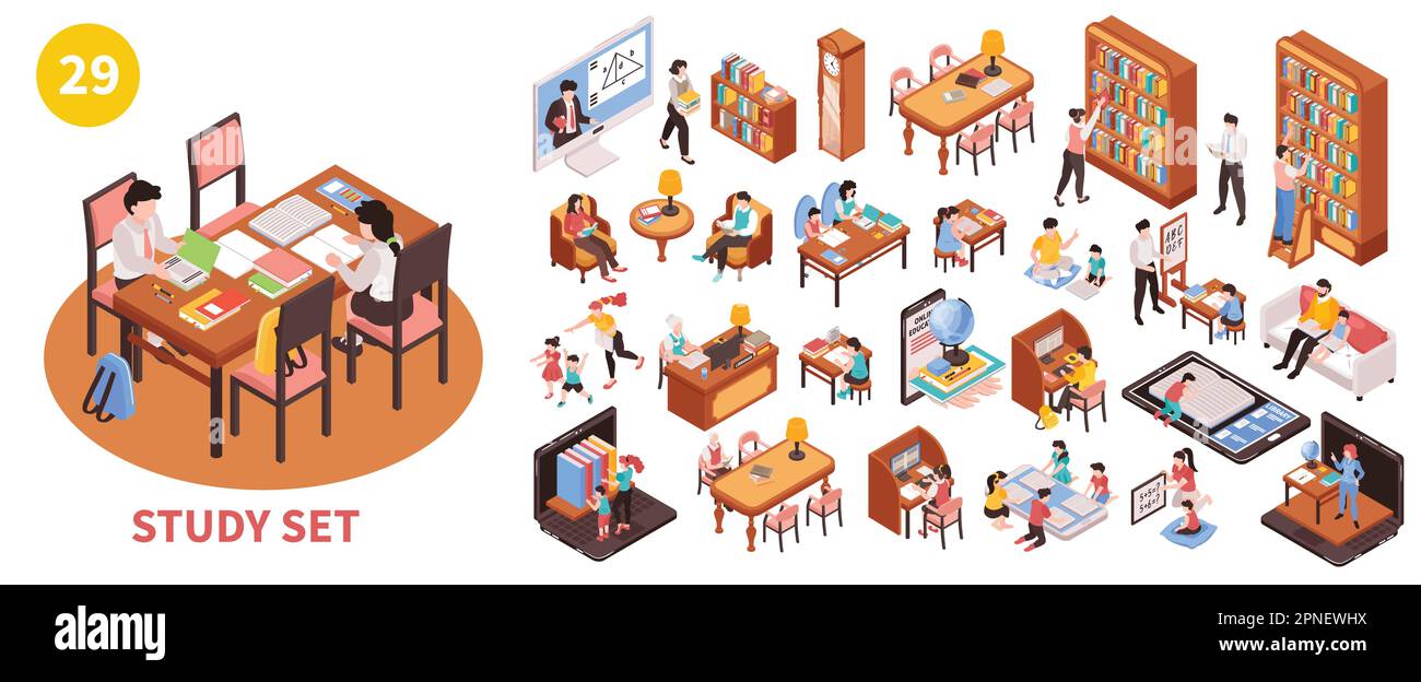 Library big set with literature symbols isometric isolated vector ...