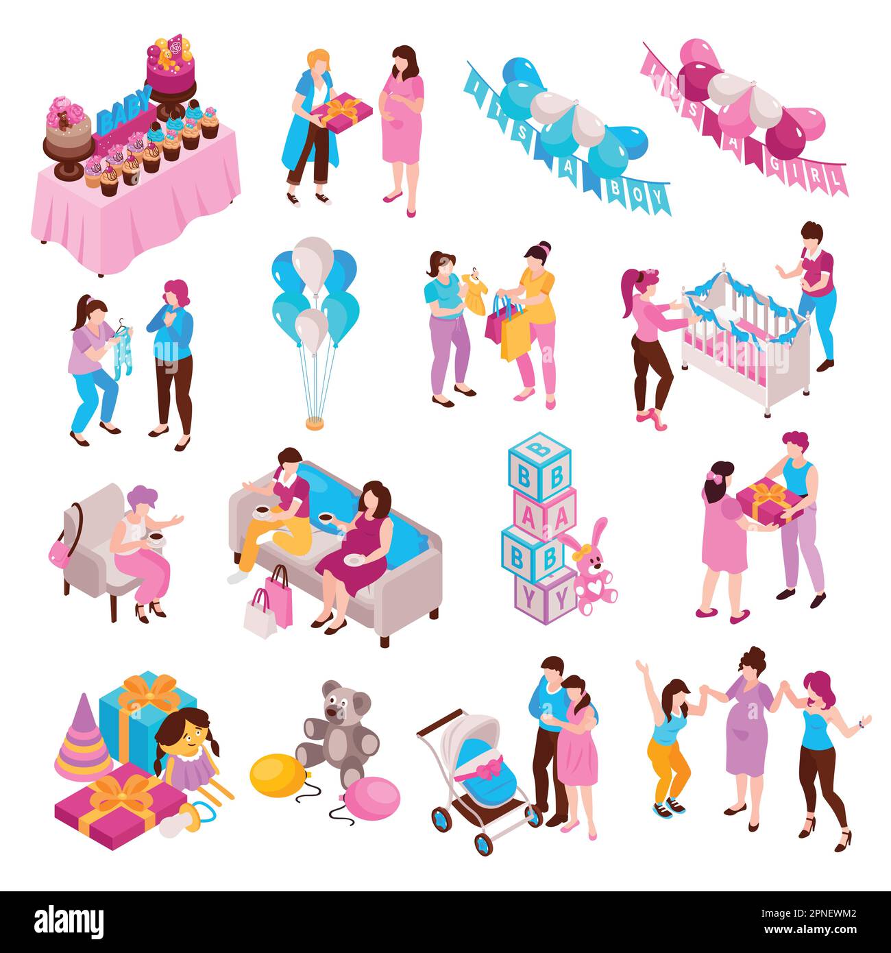 Baby shower set with celebration symbols isometric isolated vector ...