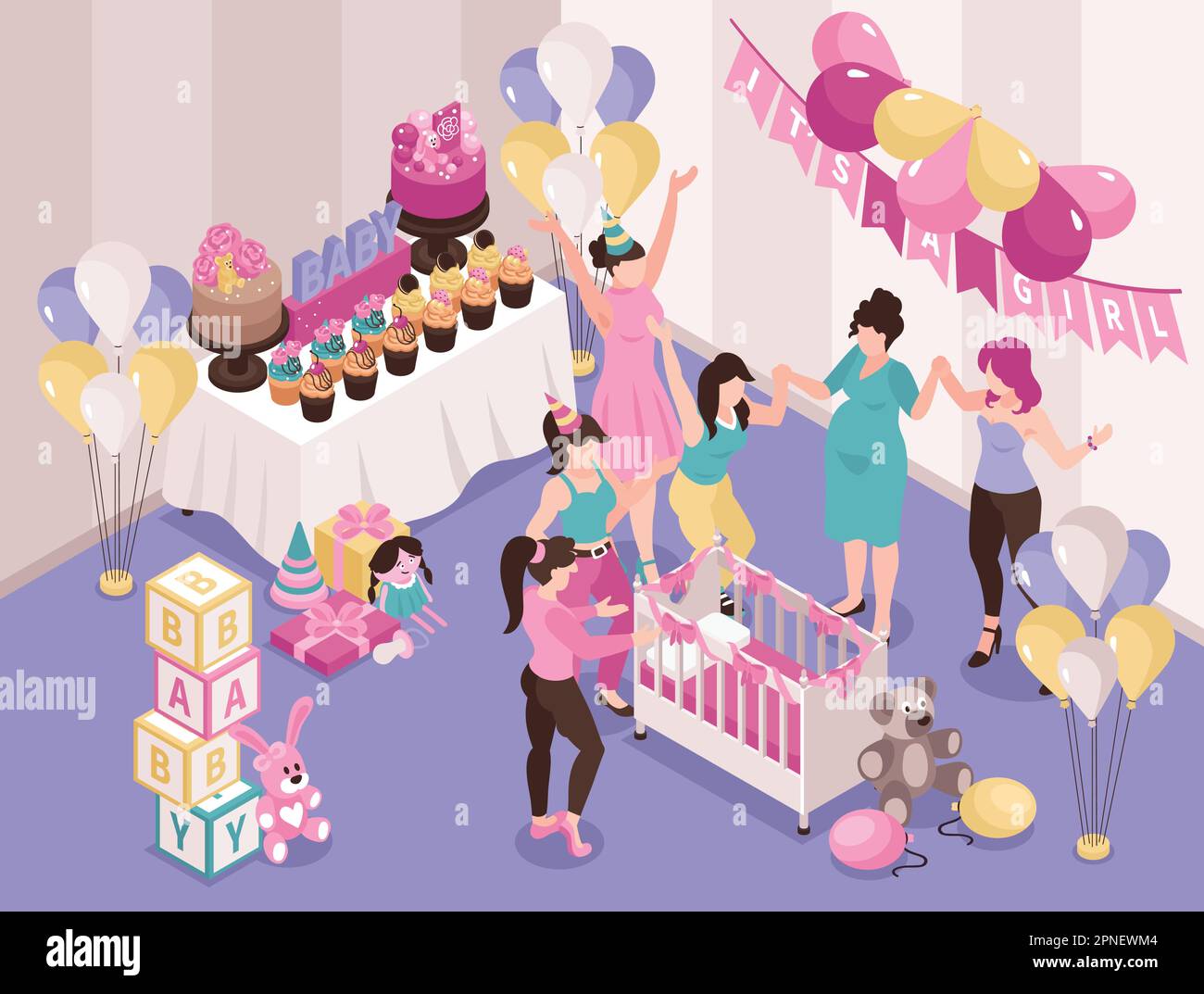 Baby shower background with celebration party symbols isometric vector ...