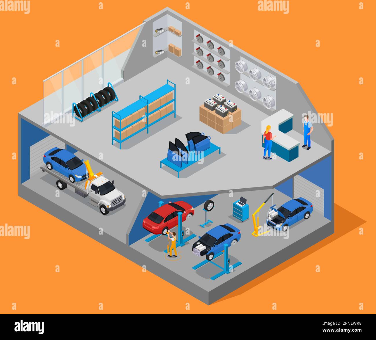 Car parts spares isometric composition with isolated view of two storey ...