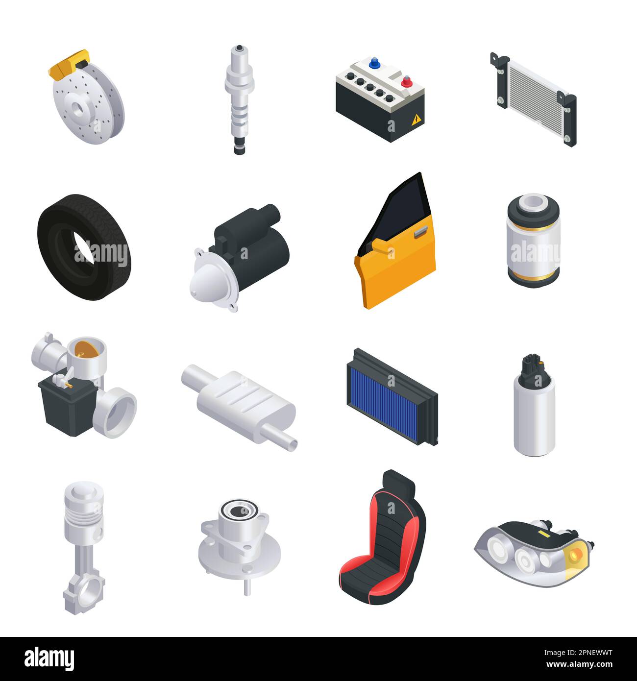 Car parts spares isometric set with isolated icons of spare details ...